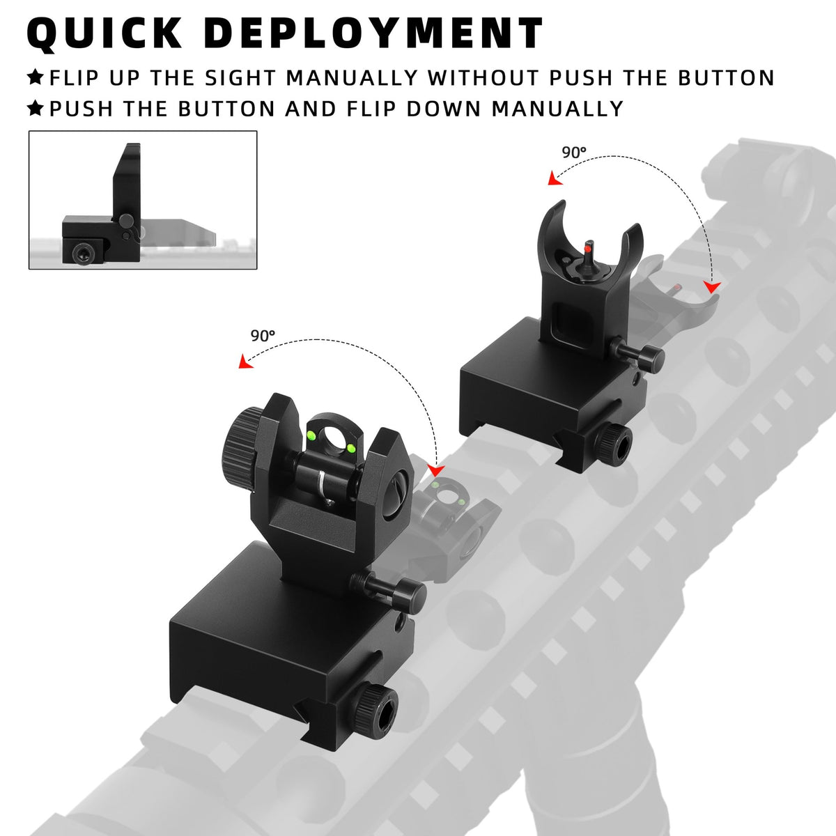 gowutar flip up fiber optic iron sight 90 degree front and rear sight ...